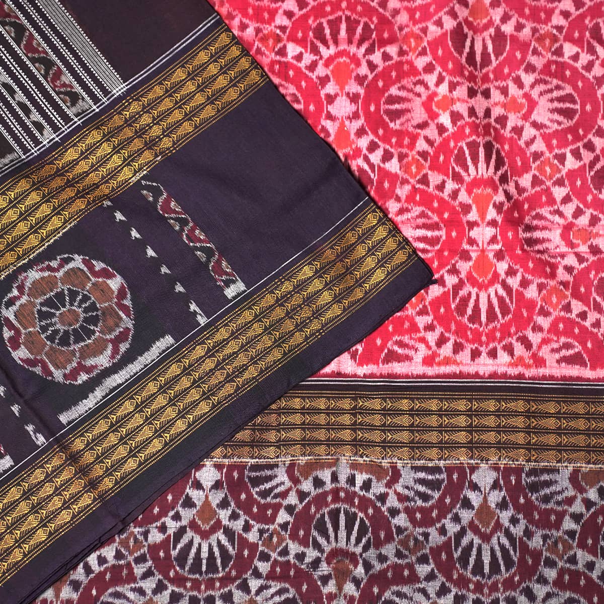 Maroon and Black Sambalpuri Handwoven Cotton Saree - BV