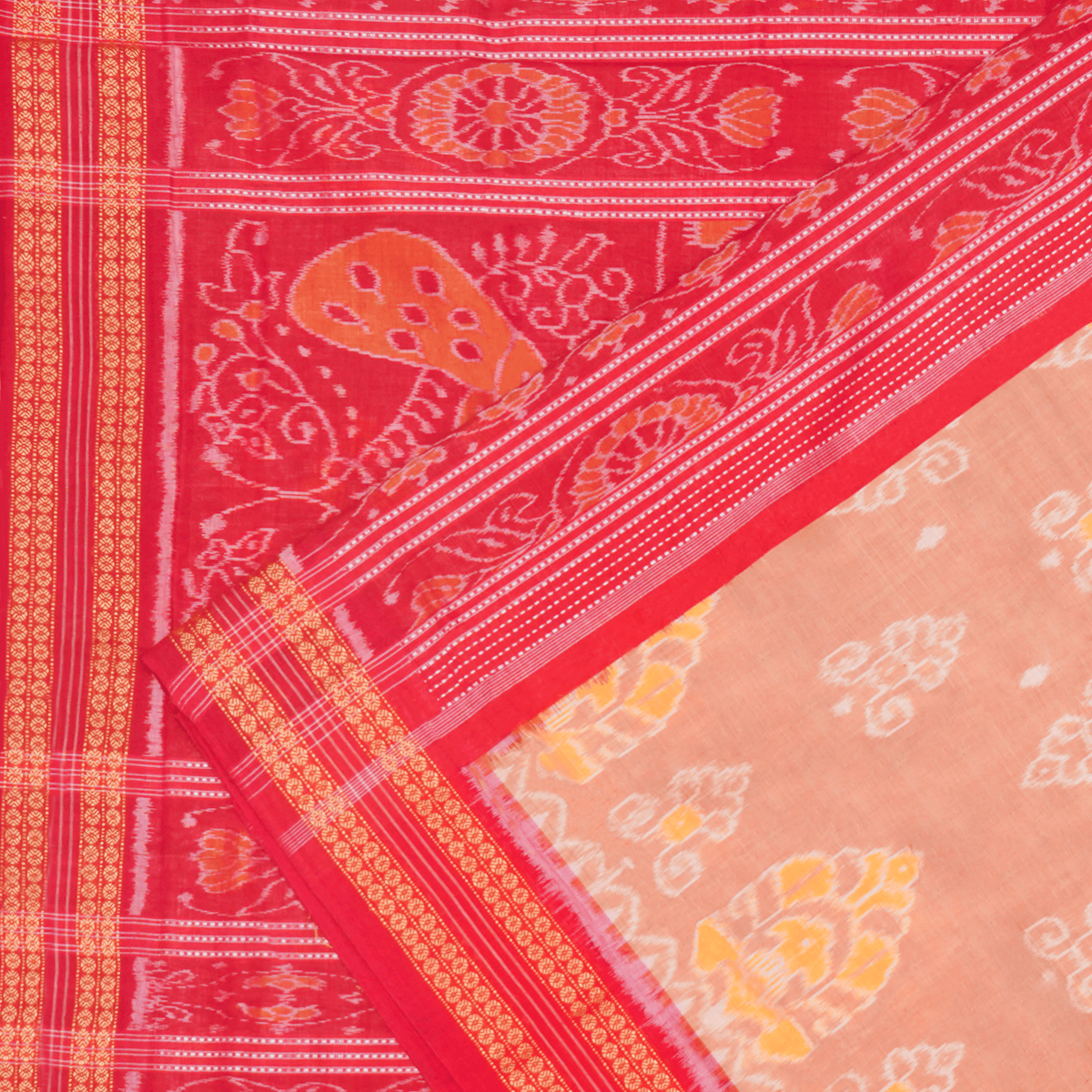 Nude Beige and Ruby Red Sambalpuri Cotton Saree - BV