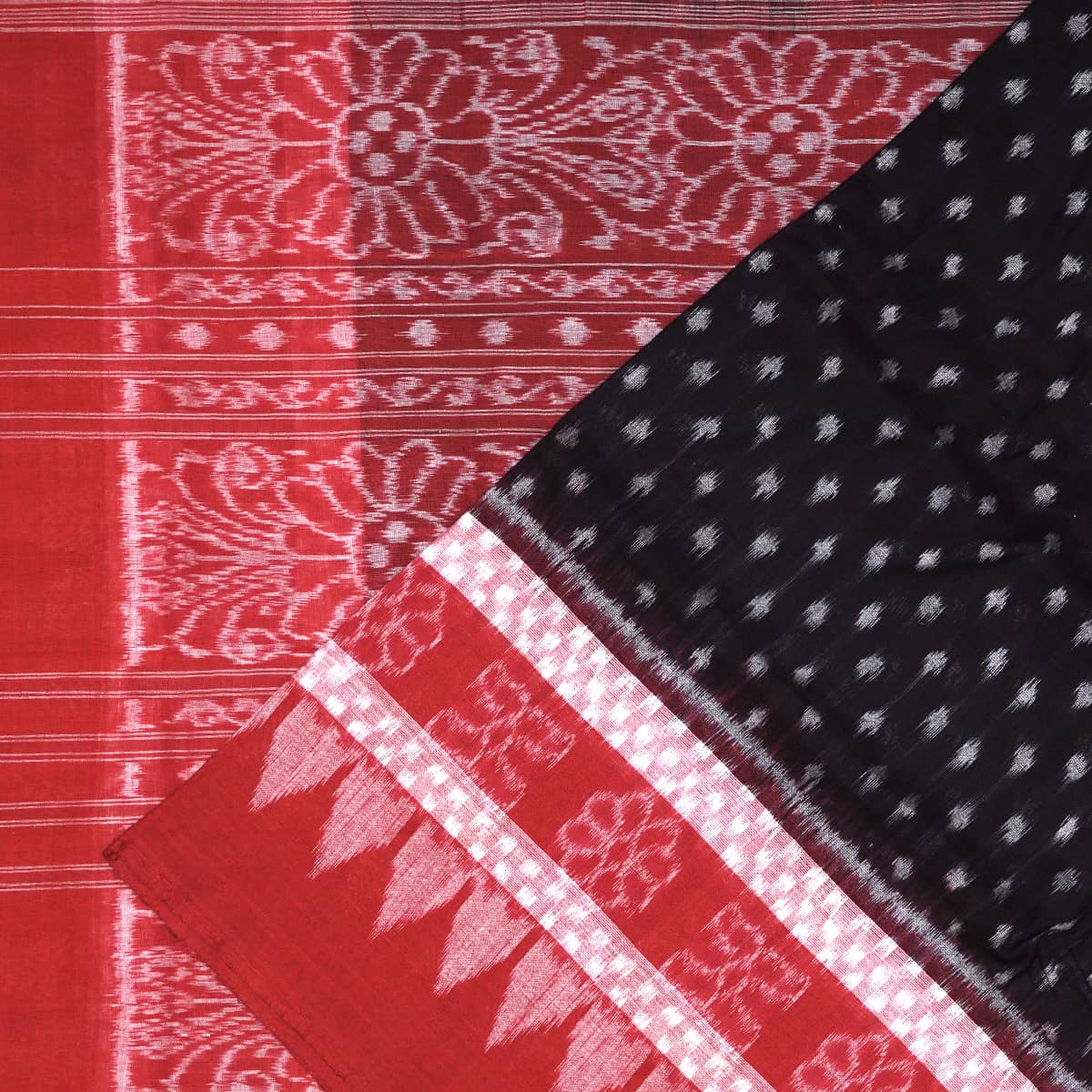 Red Pepper and Jade Black Sambalpuri Cotton Saree - BV